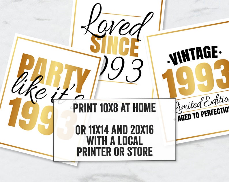 Printable 30th Birthday Signs Gold Party Signs 1993 Gold - Etsy