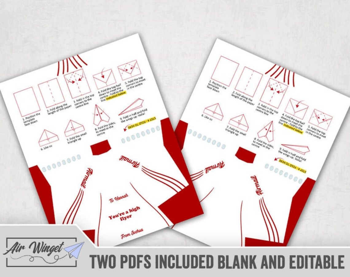 Airplane Paper Plane Template Editable Plane Card Template - Etsy UK