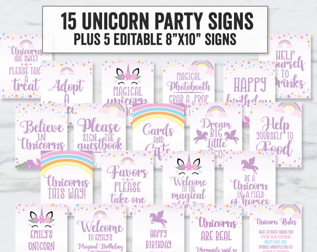 Printable Unicorn Party Signs Editable Unicorn Party Signs - Etsy