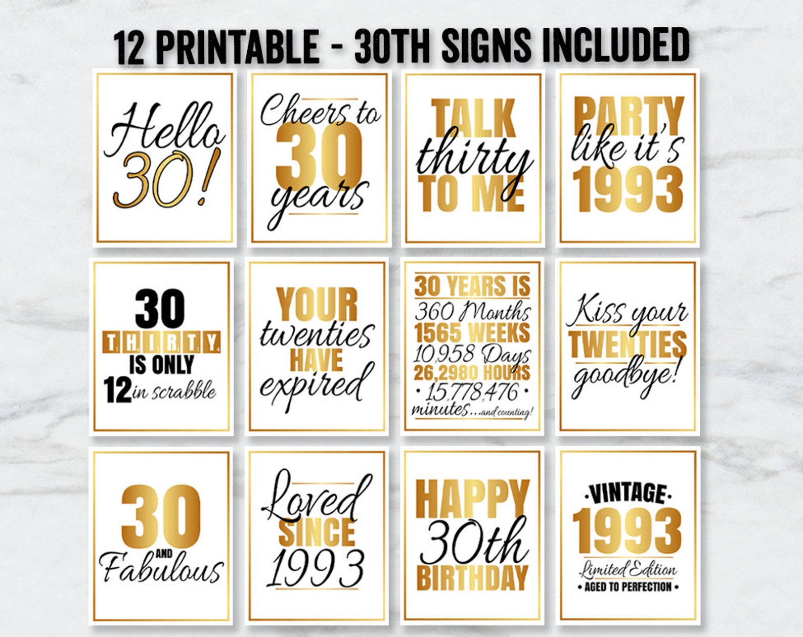 Printable 30th Birthday Signs Gold Party Signs 1993 Gold - Etsy