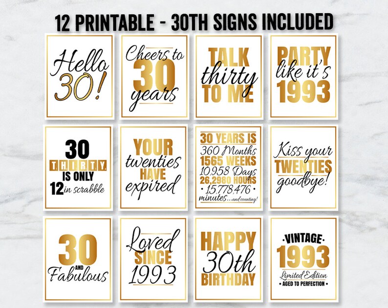 Printable 30th Birthday Signs Gold Party Signs 1993 Gold - Etsy