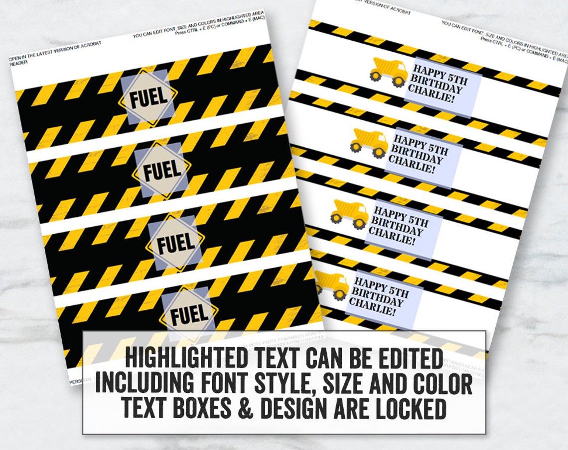 Construction Party Bottle Labels, Editable Water Bottle Wrap Labels ...