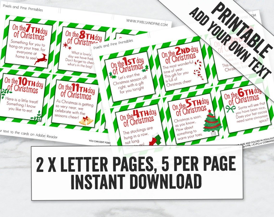 Editable Twelve Days of Christmas Printable Tags, Fun Green Stripe ...