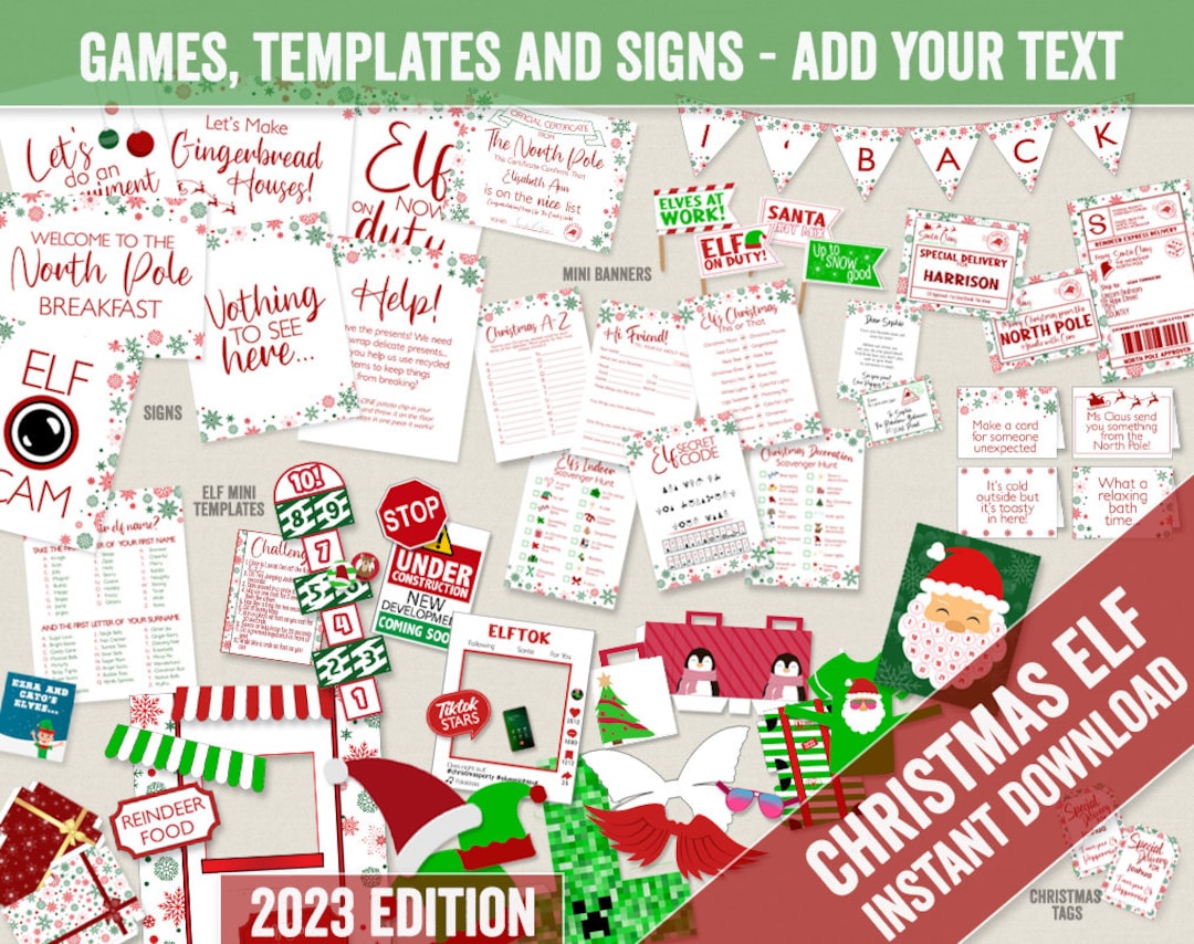 Snowflake Printable Christmas Elf Bundle, 2023 Printable Elves Kit, Elf ...