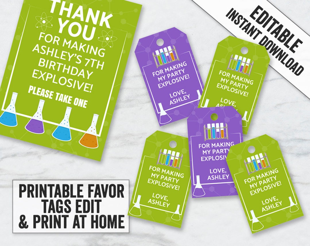 Printable Science Favor Tags, Editable Science Thank You Tags, Mad ...