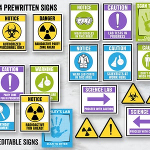 Science Party Signs Printable, Editable Scientist Party Signs, Caution ...