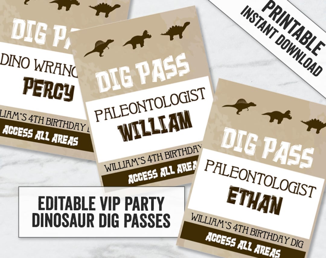Editable Dinosaur Party Passes, Printable Dino Dig Passes, Printable ...