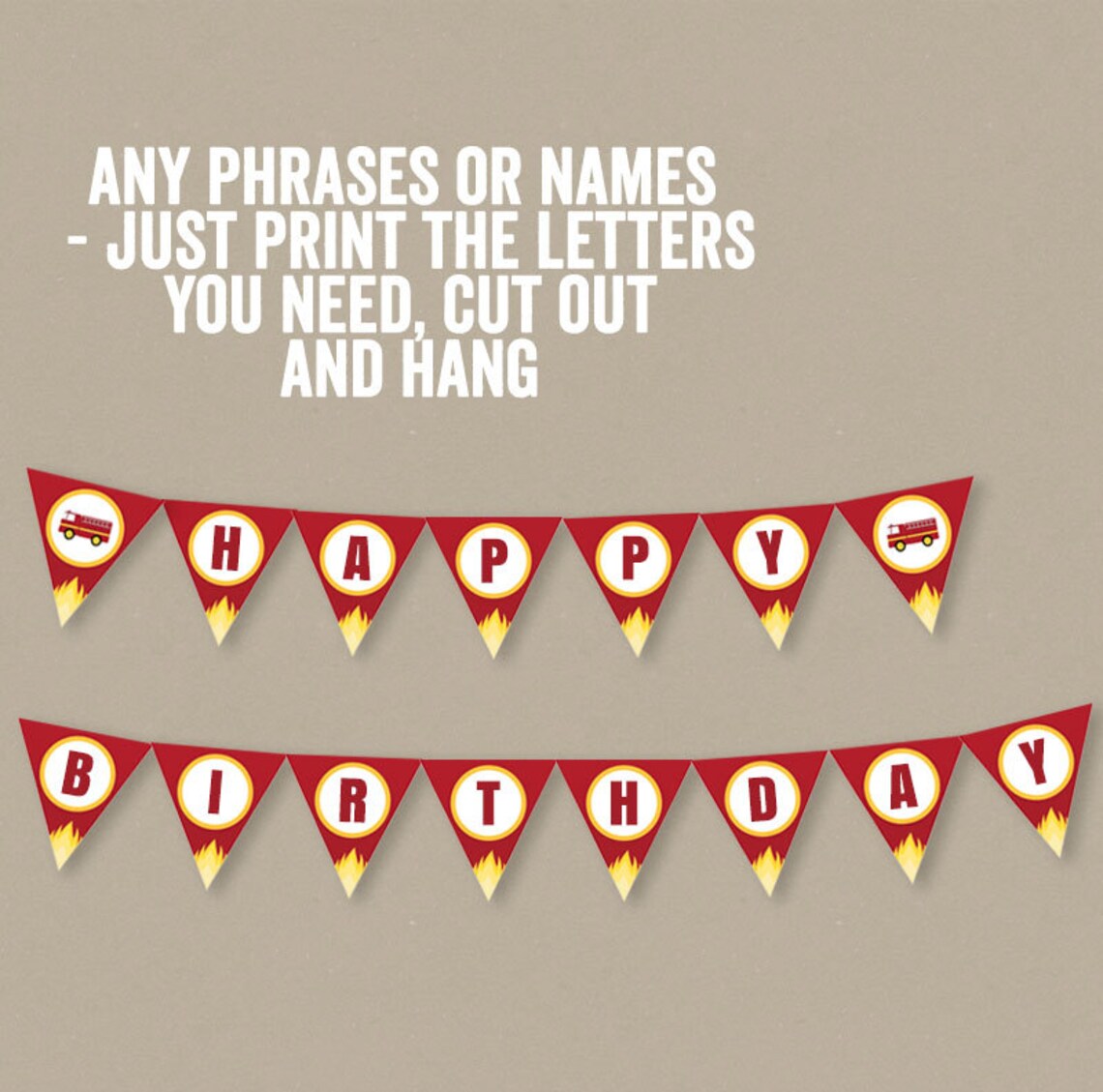 Firefighter Bunting Printable, Any Phrase, Diy Alphabet Fireman Party ...