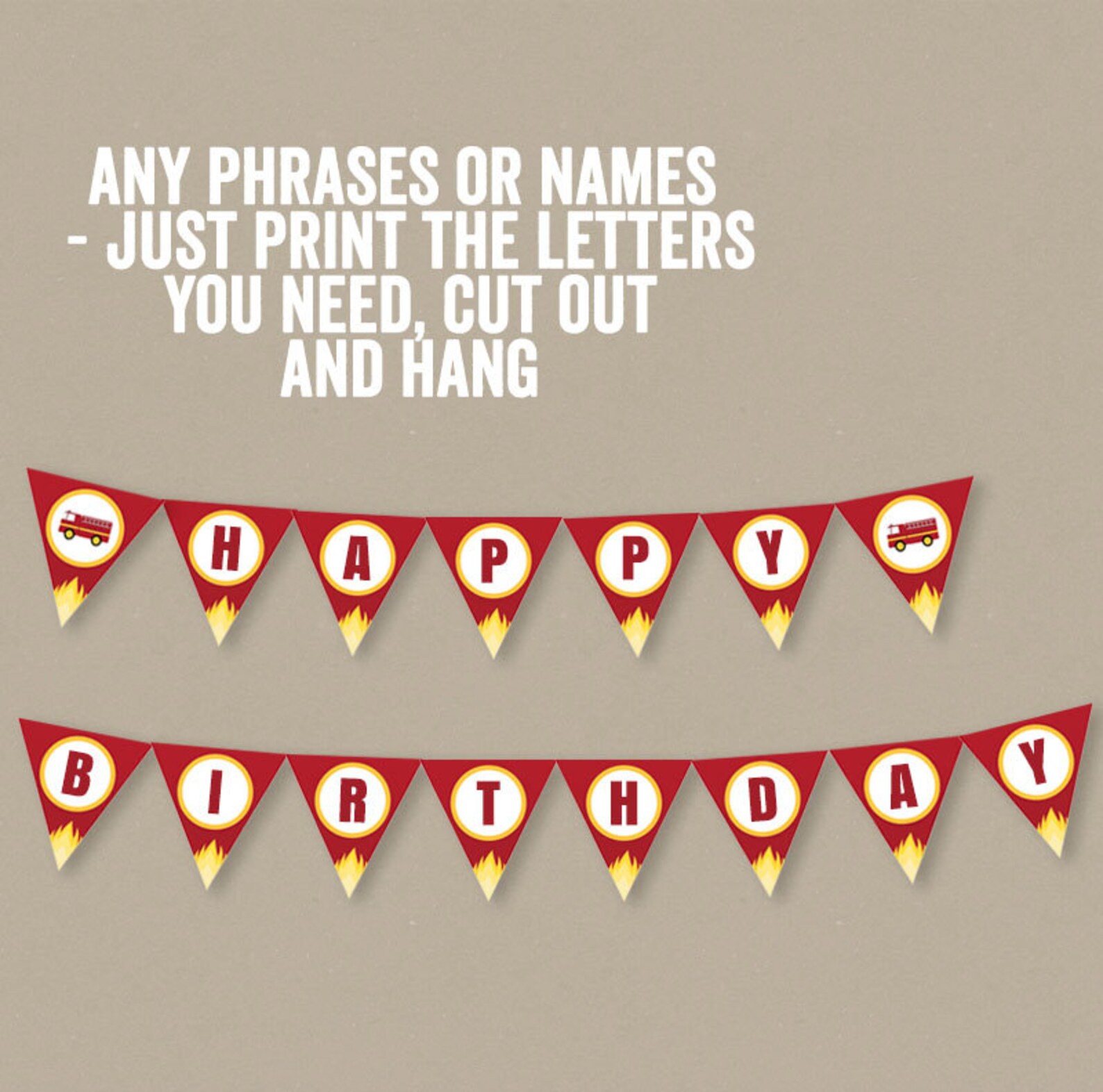 Firefighter Bunting Printable, Any Phrase, Diy Alphabet Fireman Party ...