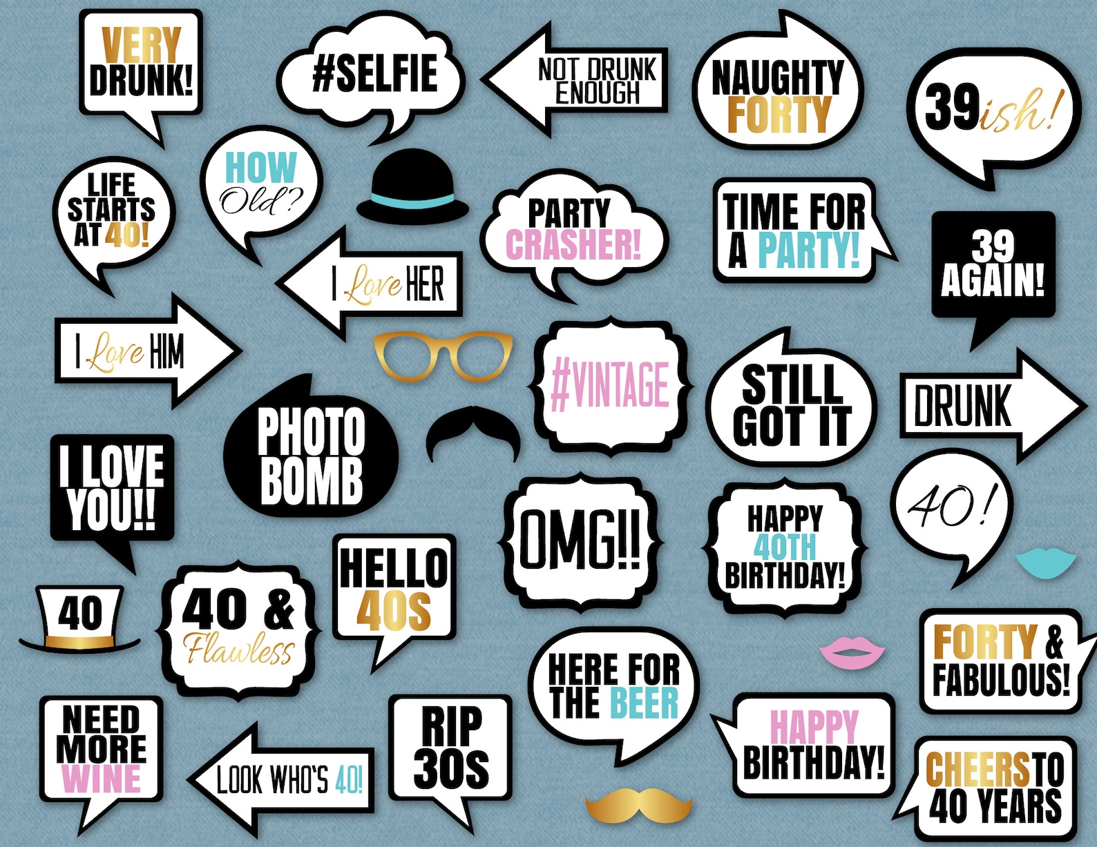 35 40th Birthday Photo Booth Printable Props, Turning 40 Party, Black ...