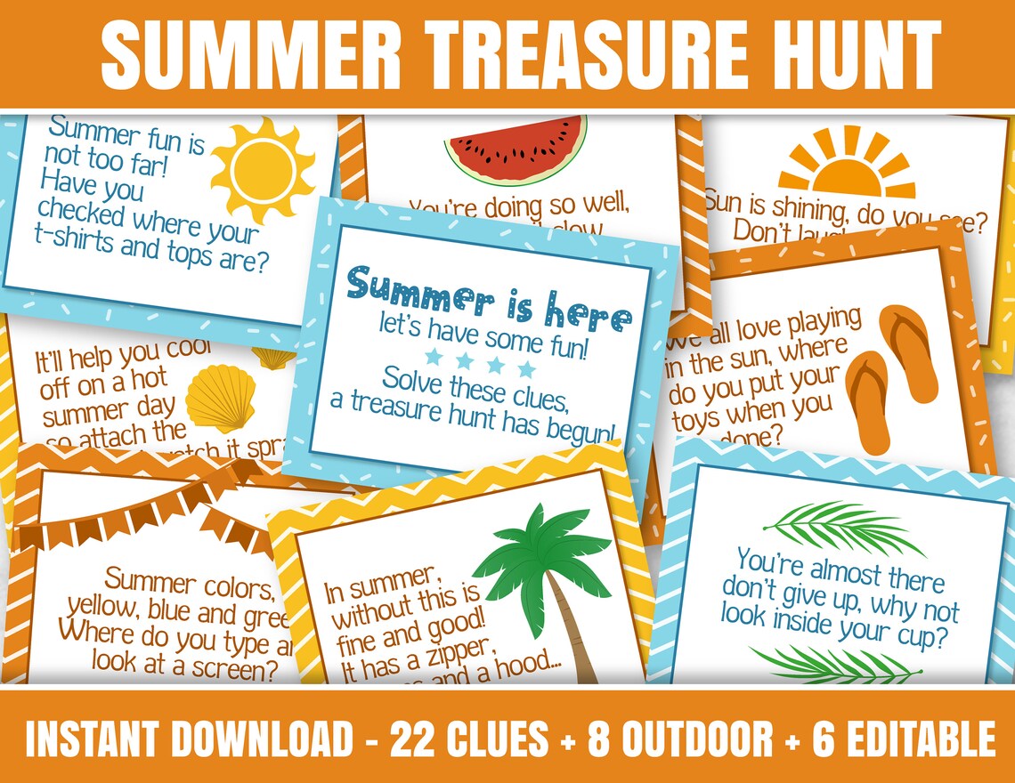 Printable Summer Treasure Hunt Clues, Instant Download Summer Treasure ...