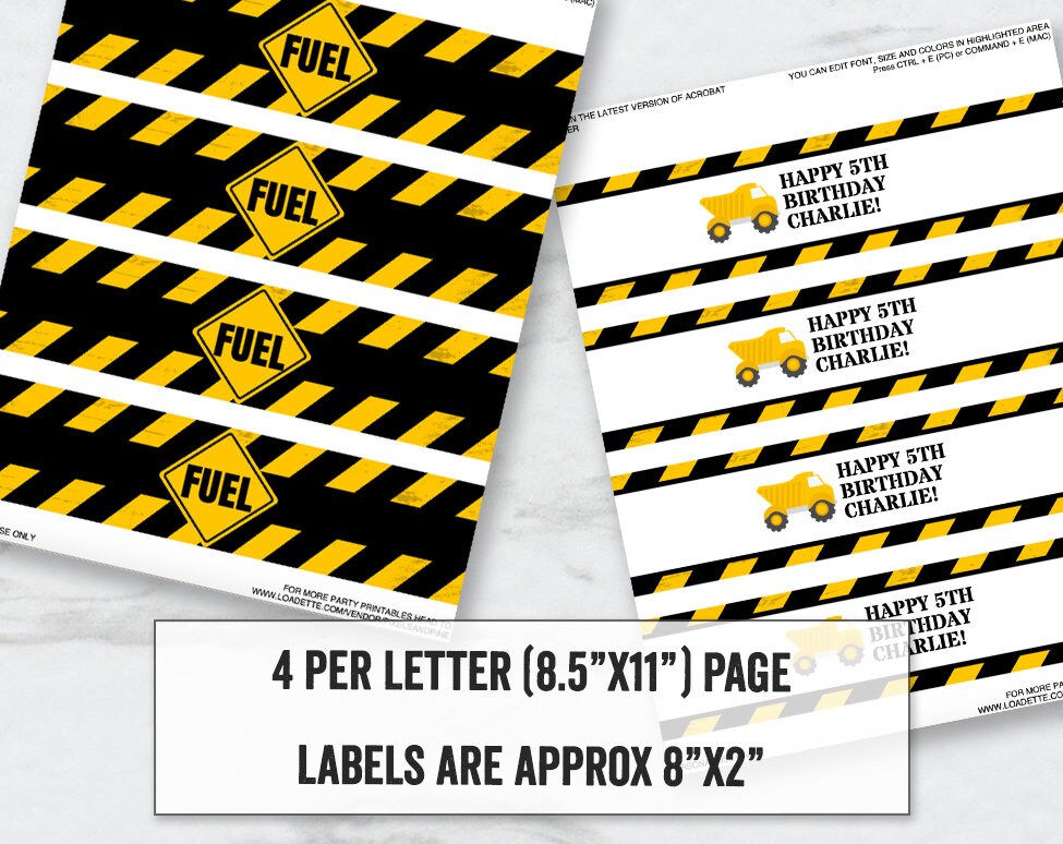 Construction Party Bottle Labels, Editable Water Bottle Wrap Labels ...