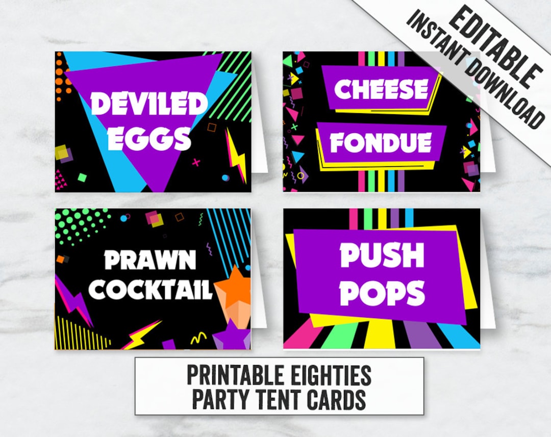 Eighties Party Tent Card Printables, Editable 80s Themed Party Place ...