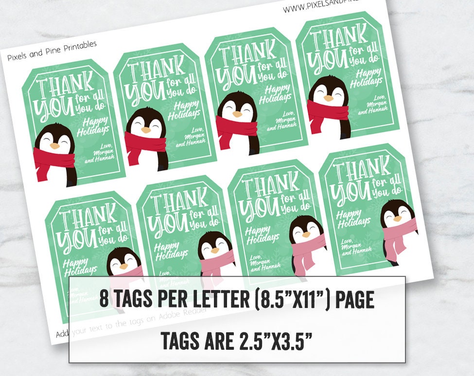 Printable Penguin Gift Tags, Editable Christmas Thank You Tags, Teacher ...