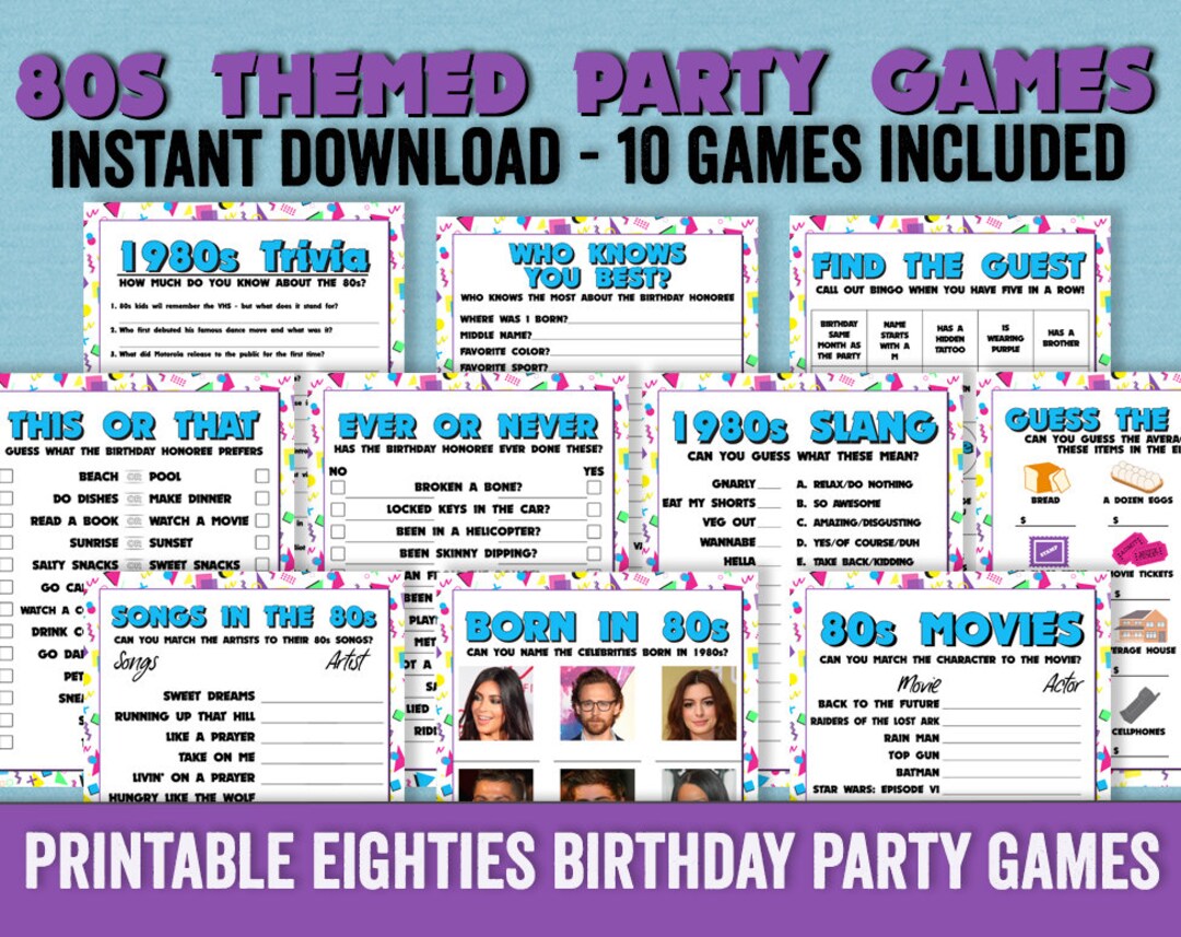 1980s Printable Birthday Games, Birthday Games 80s Retro Themed, 80s ...