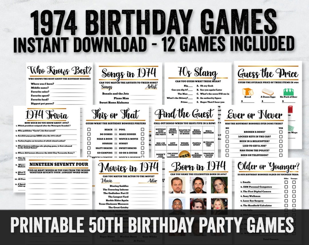 Printable Born in 1974 Games, 50th Birthday Party Games, Fiftieth Party ...