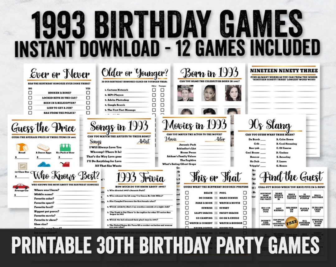 Born in 1993 Printable Games, 30th Birthday Games, 30th Birthday 1993 ...