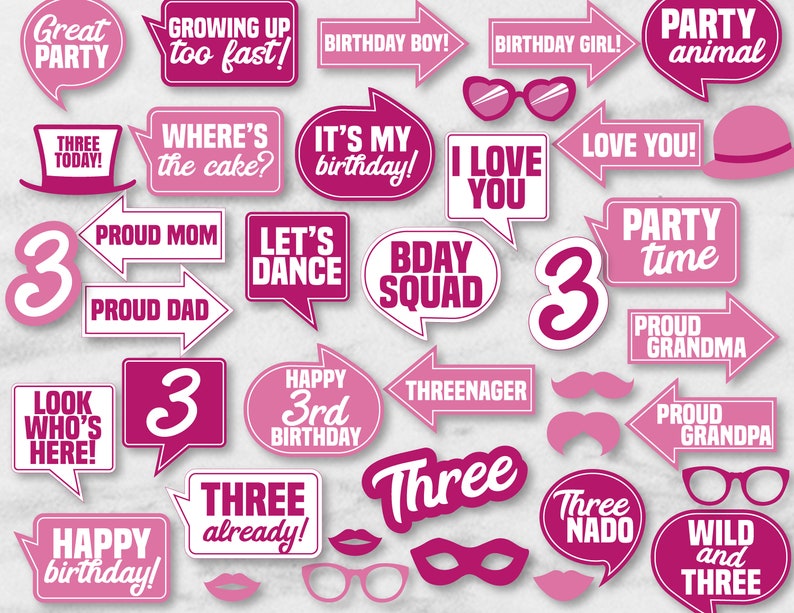 Pink 3rd Birthday Printable Props Third Birthday Photobooth - Etsy