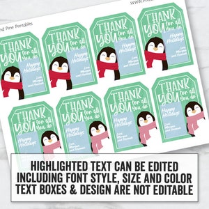 Printable Penguin Gift Tags, Editable Christmas Thank You Tags, Teacher ...
