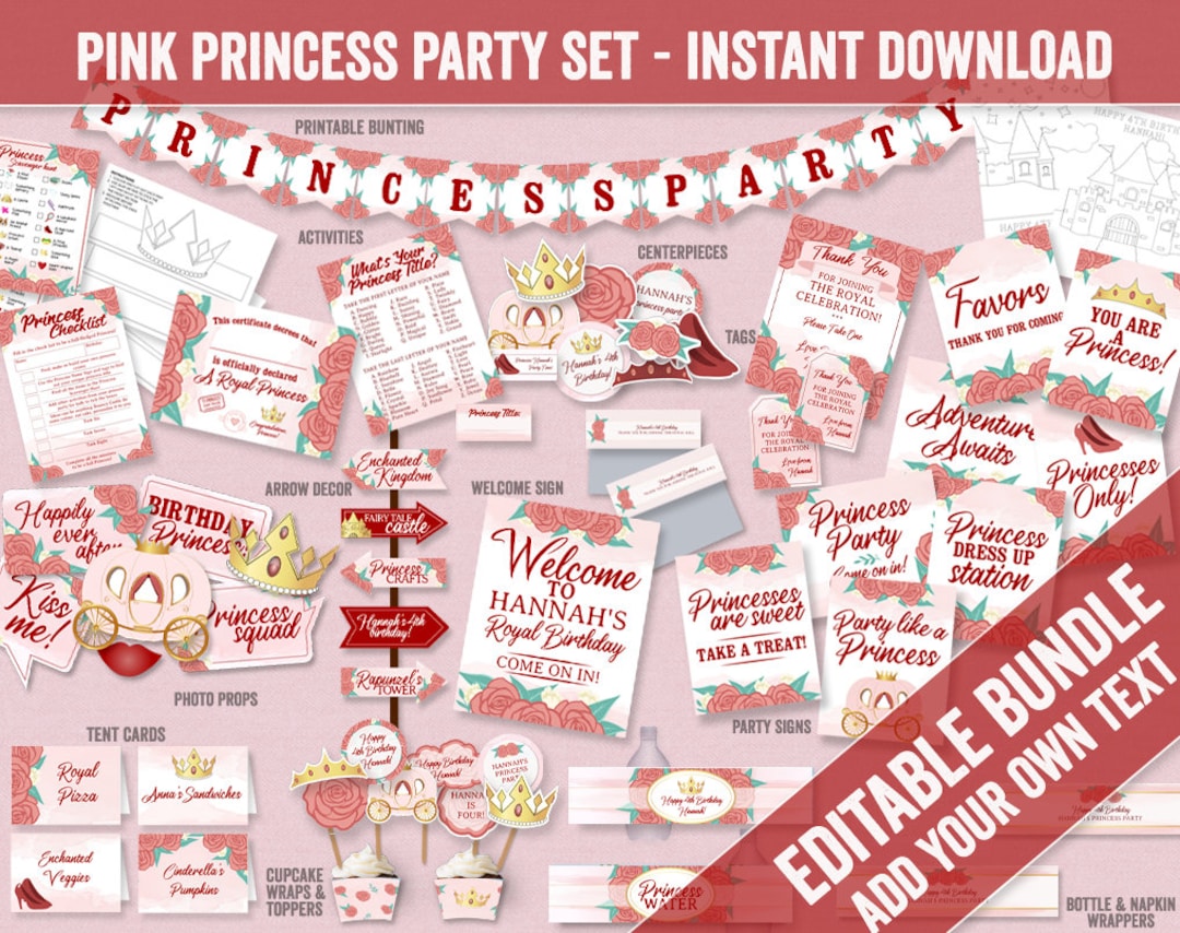 Princess Printable Party Bundle, Editable Princess Birthday Pack Set ...