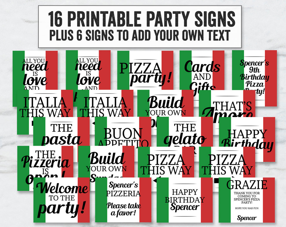 Italian Flag Party Signs, Printable Italian Party Signs, Editable Pizza ...