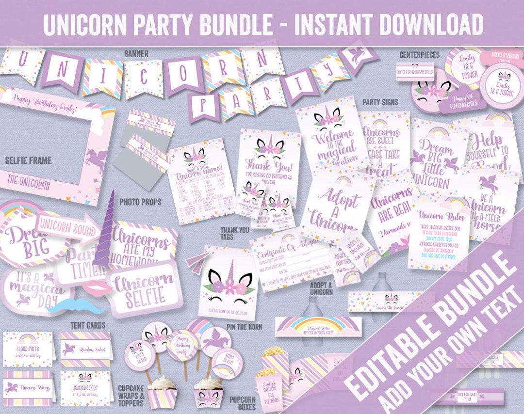 Editable Unicorn Party Bundle, Printable Unicorn Birthday Pack ...