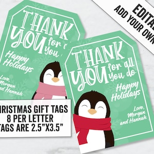 Printable Penguin Gift Tags, Editable Christmas Thank You Tags, Teacher ...