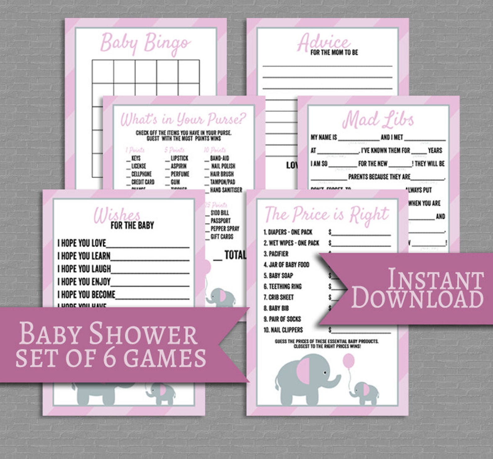 Pink Baby Shower Printable Games Set of 6 Pink Elephant - Etsy