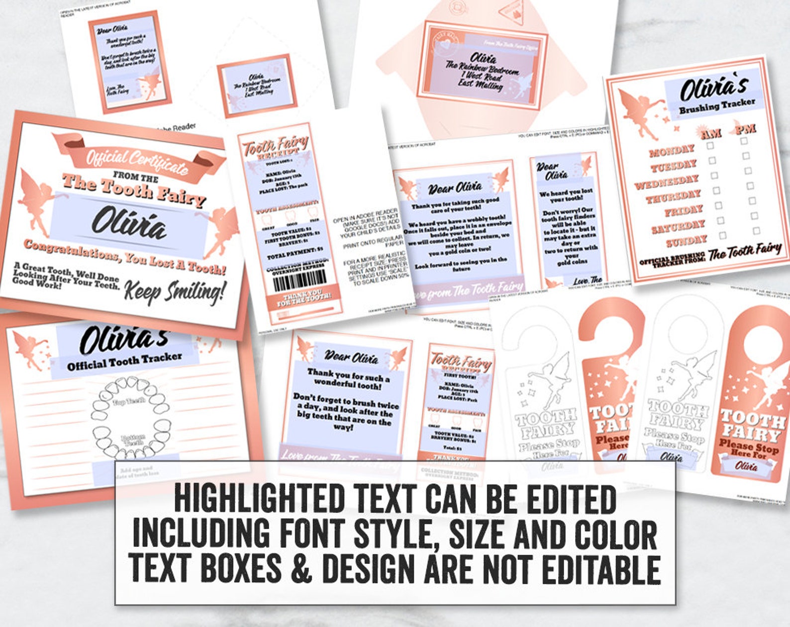 Tooth Fairy Printable Bundle, Rose Gold Girl's Tooth Fairy Letters ...