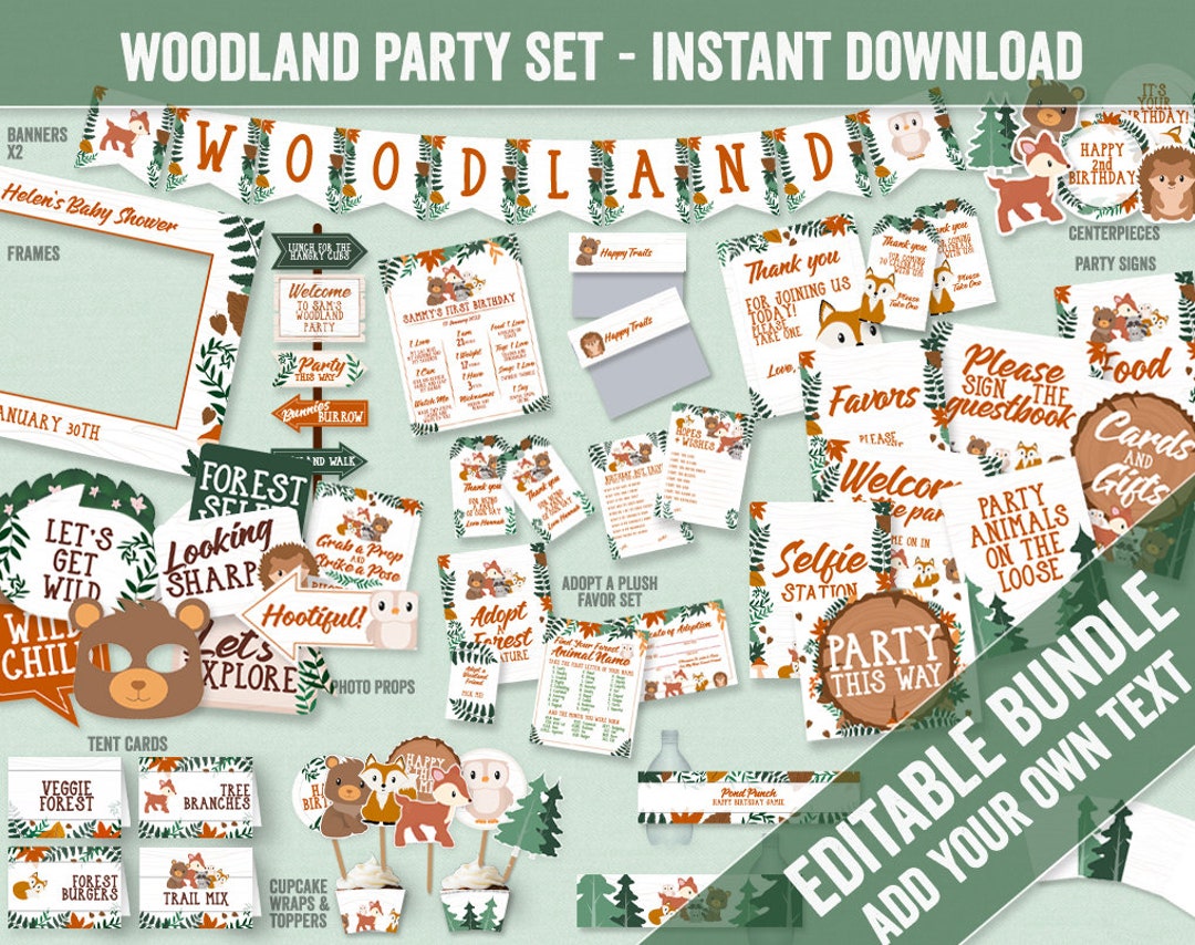 Printable Woodland Party Bundle, Editable Woodland Birthday Pack Set ...