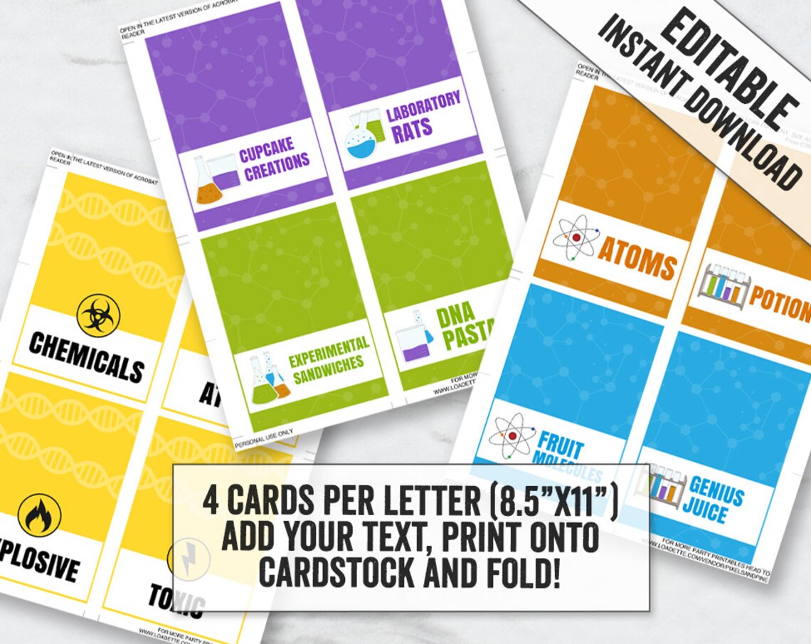 Science Tent Card Printables, Editable Science Party Place Cards Tents ...