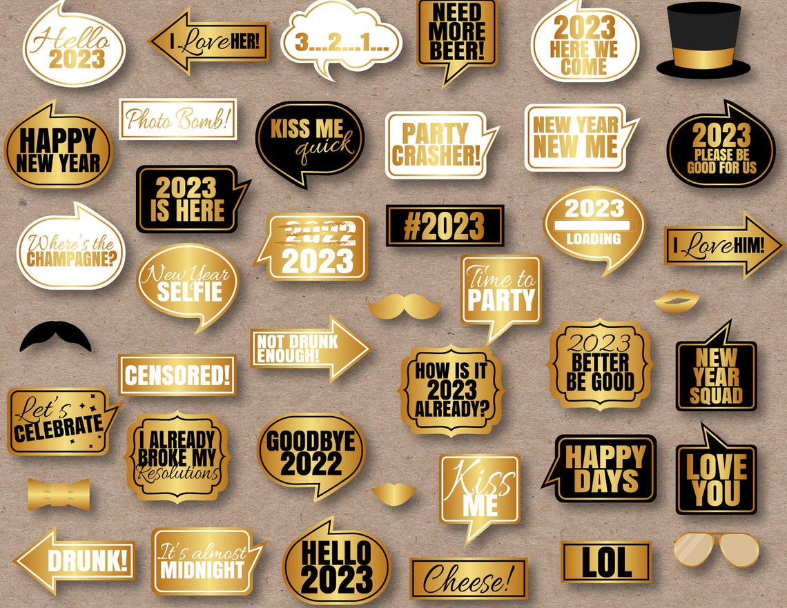 Printable New Years Printable Photo Booth Props Gold 2023 New - Etsy