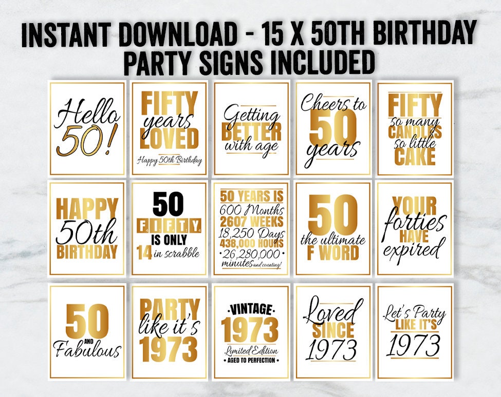 Printable 50th Birthday Signs, Gold Party Signs 1973, Gold 50th ...