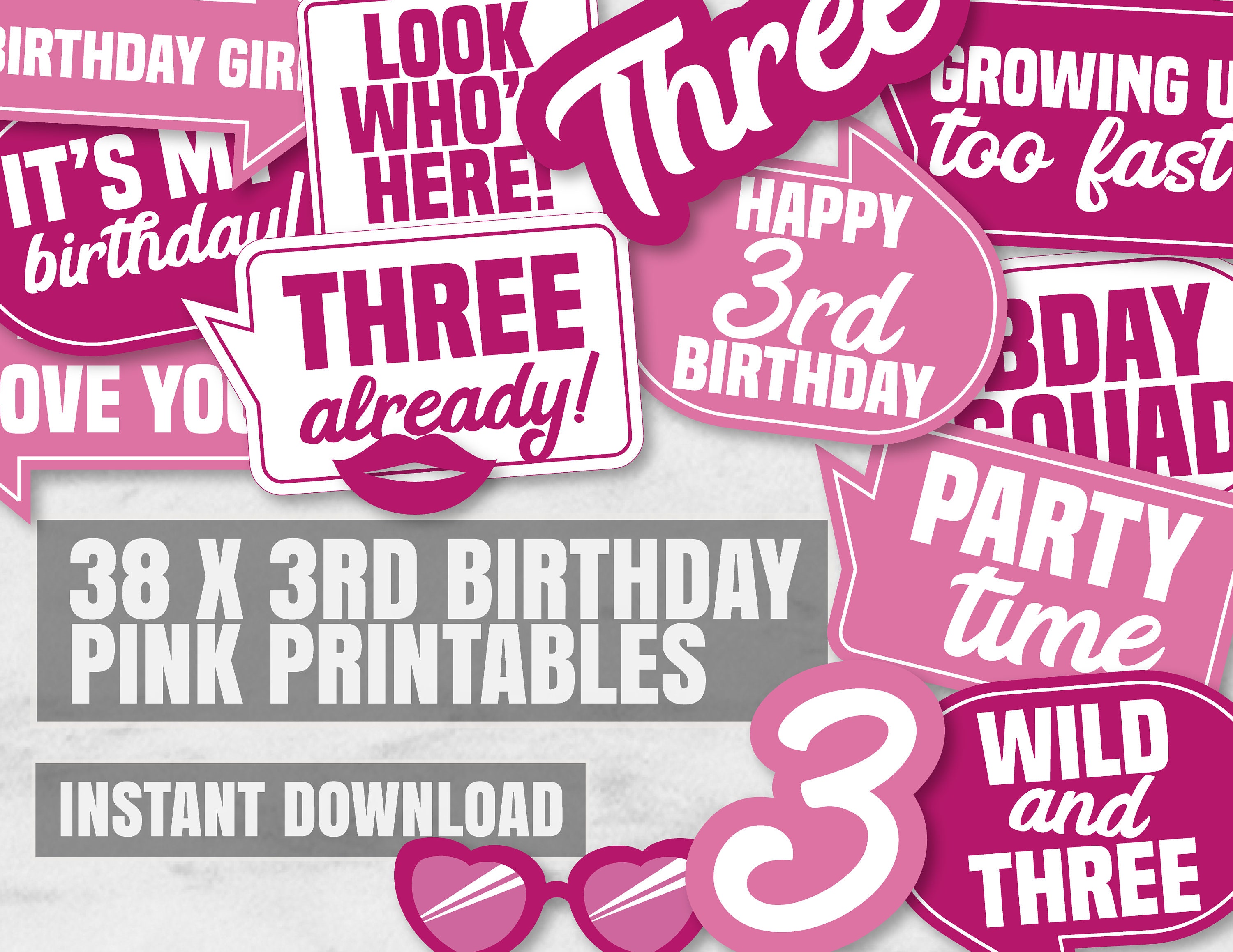 Pink 3rd Birthday Printable Props Third Birthday Photobooth - Etsy