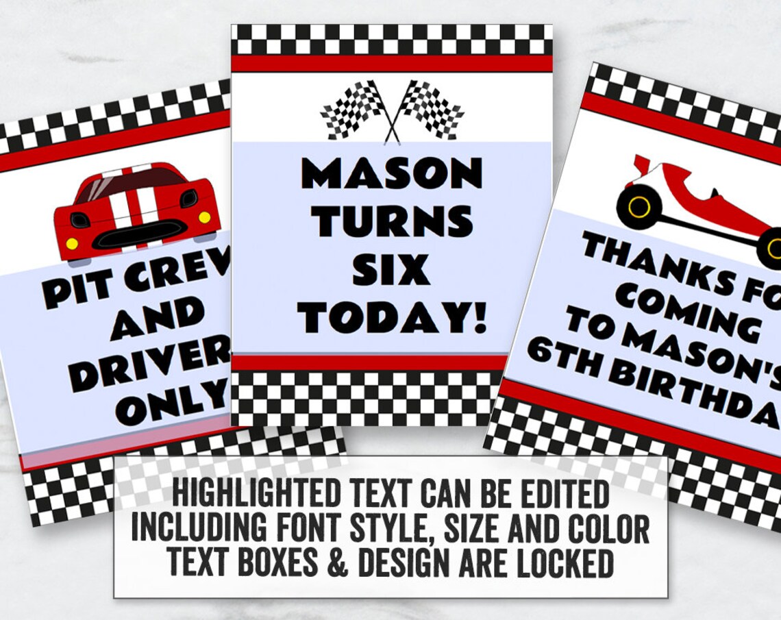 Racing Driver Printable Party Signs, Editable Race Car Party Signs, Pit ...