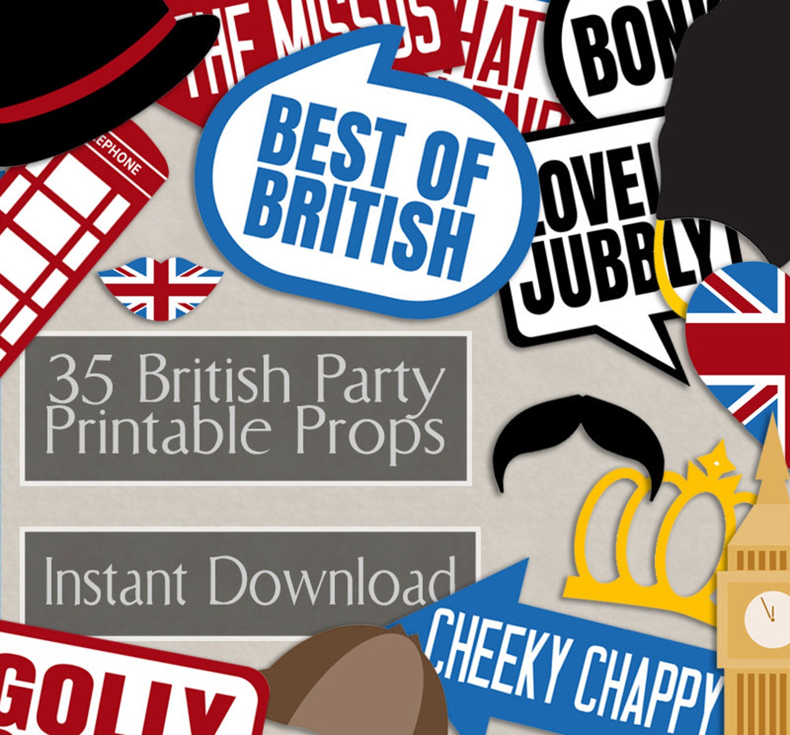 35 British Photo Booth Props, British Themed Party Props, I Love London ...
