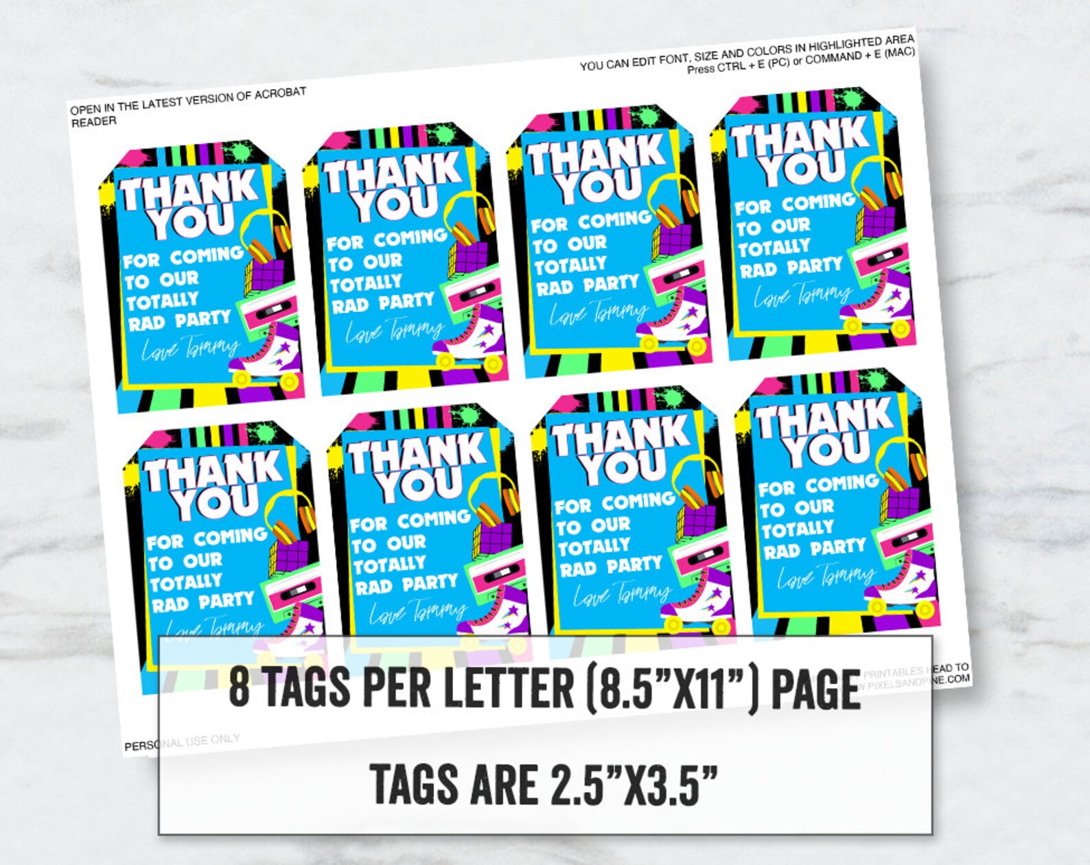 Printable Eighties Party Tags, Editable 80s Themed Thank You Tags ...