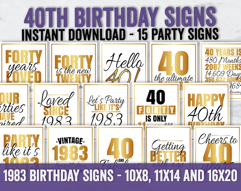 Printable 40th Birthday Signs Gold Party Signs 1983 Gold - Etsy