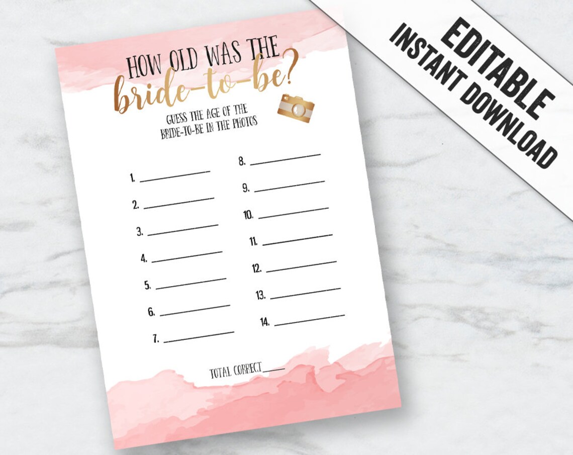 Editable How Old Was the Bride Game, Editable Bridal Shower Games ...