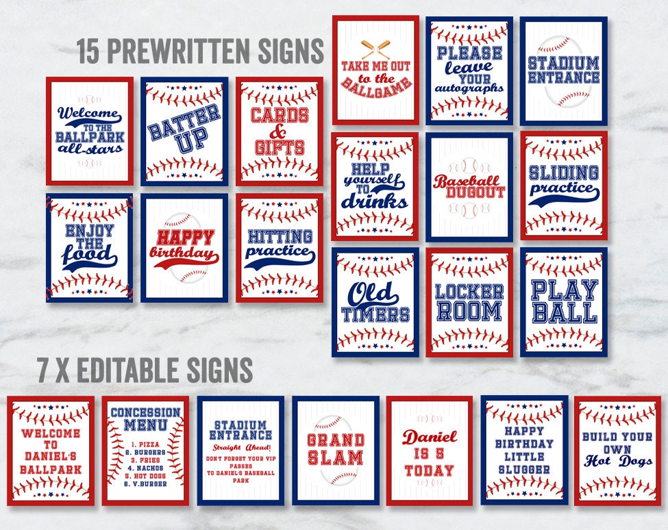 Baseball Party Signs, Printable Baseball Party Signs, Editable Baseball ...