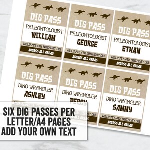 Editable Dinosaur Party Passes, Printable Dino Dig Passes, Printable ...