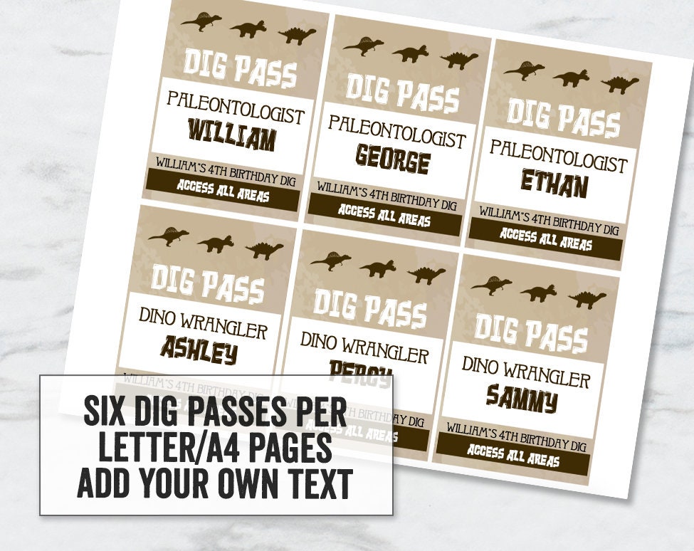 Editable Dinosaur Party Passes, Printable Dino Dig Passes, Printable ...