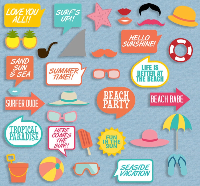 35 Beach Party Prop Printables, Summer Party Printable Props, Colorful ...