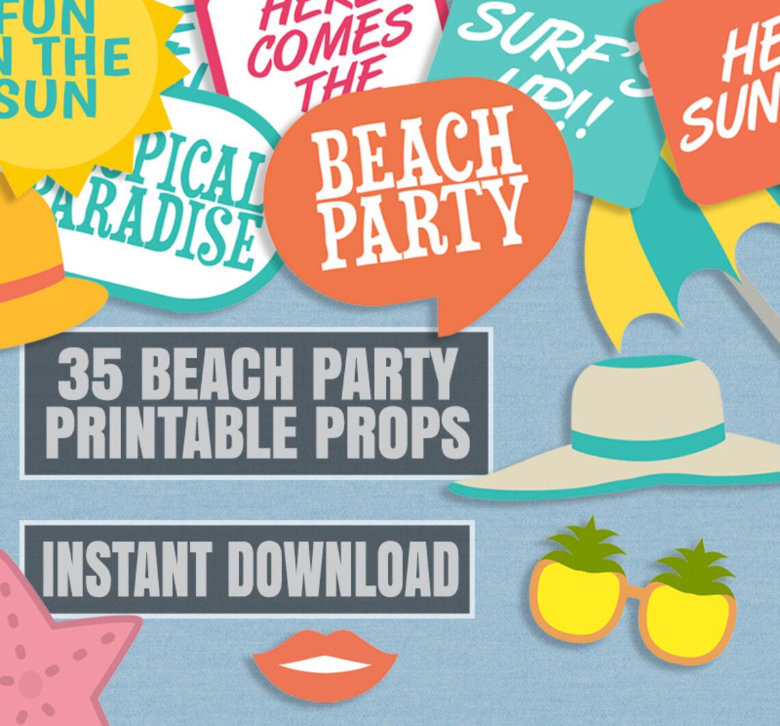 35 Beach Party Prop Printables, Summer Party Printable Props, Colorful ...