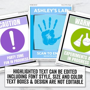Science Party Signs Printable, Editable Scientist Party Signs, Caution ...