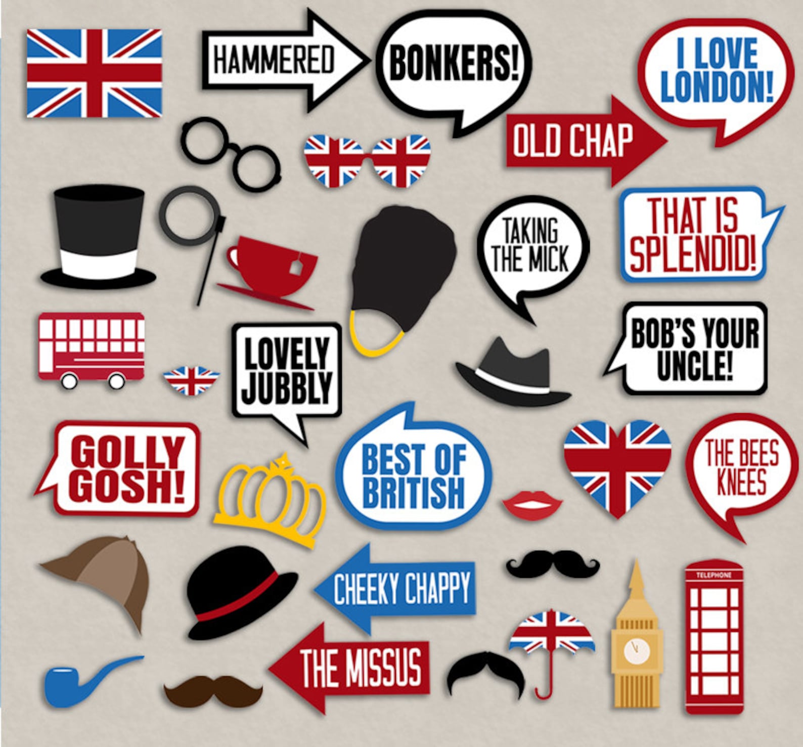 35 British Photo Booth Props, British Themed Party Props, I Love London ...