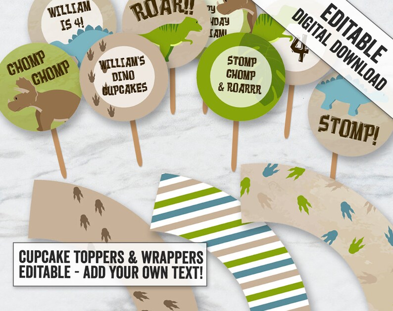 Dinosaur Cupcake Toppers and Wrapper Printables Editable Dino - Etsy