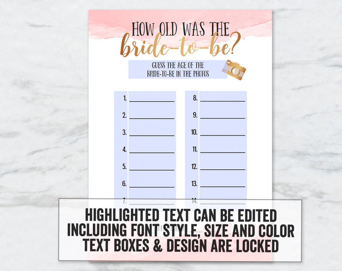 Editable How Old Was the Bride Game, Editable Bridal Shower Games ...