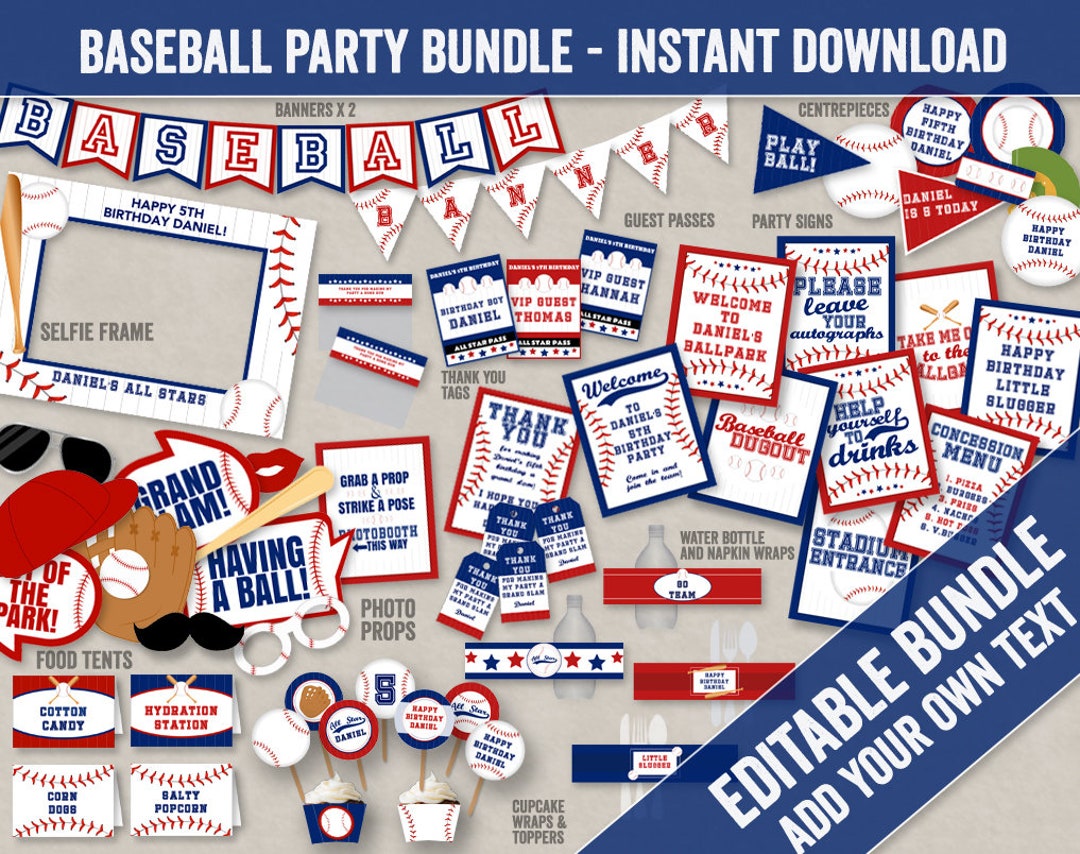 Editable Baseball Party Bundle, Printable Baseball Birthday Pack ...