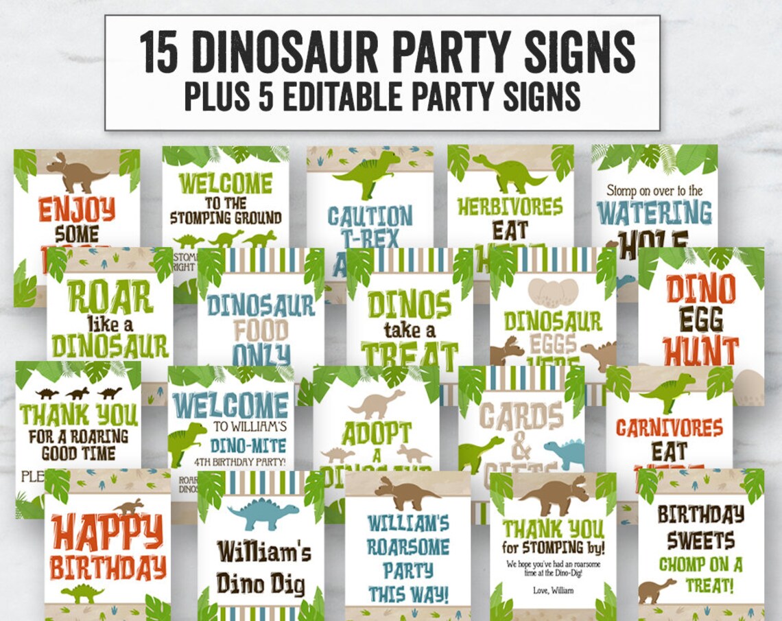 Printable Dinosaur Party Signs, Editable Dinosaur Party Signs and Games ...
